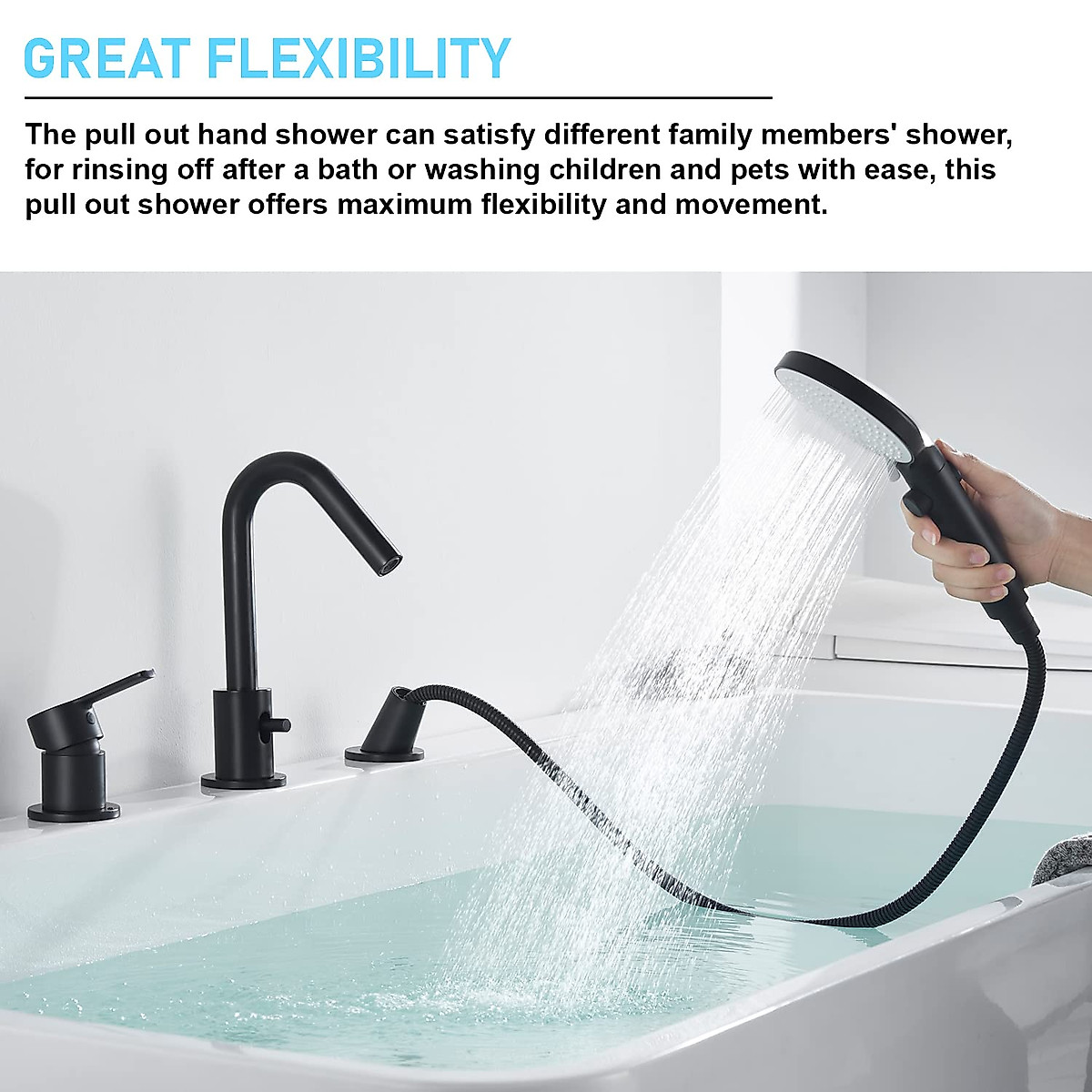 CREA Roman Tub Faucet Black, Tub Faucet Bathtub Bath Faucet Set 3-Hole with Hand Shower Tub Spout Diverter Deck-Mount Pull Out Bathroom Tub Faucet