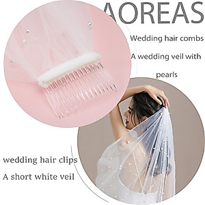 AOREAS White Short Wedding Veil Pearl Rhinestone Bride Veils Bridal Veils Bachelorette Party Veil for Brides and Women (White 1)