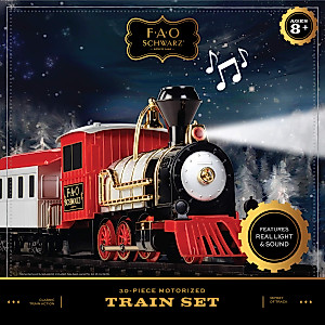 FAO Schwarz 1006832 Classic Motorized Train Set, Complete Toy Set with Engine, Cargo, 18' of Modular Tracks, Red/Black, Pack of 30