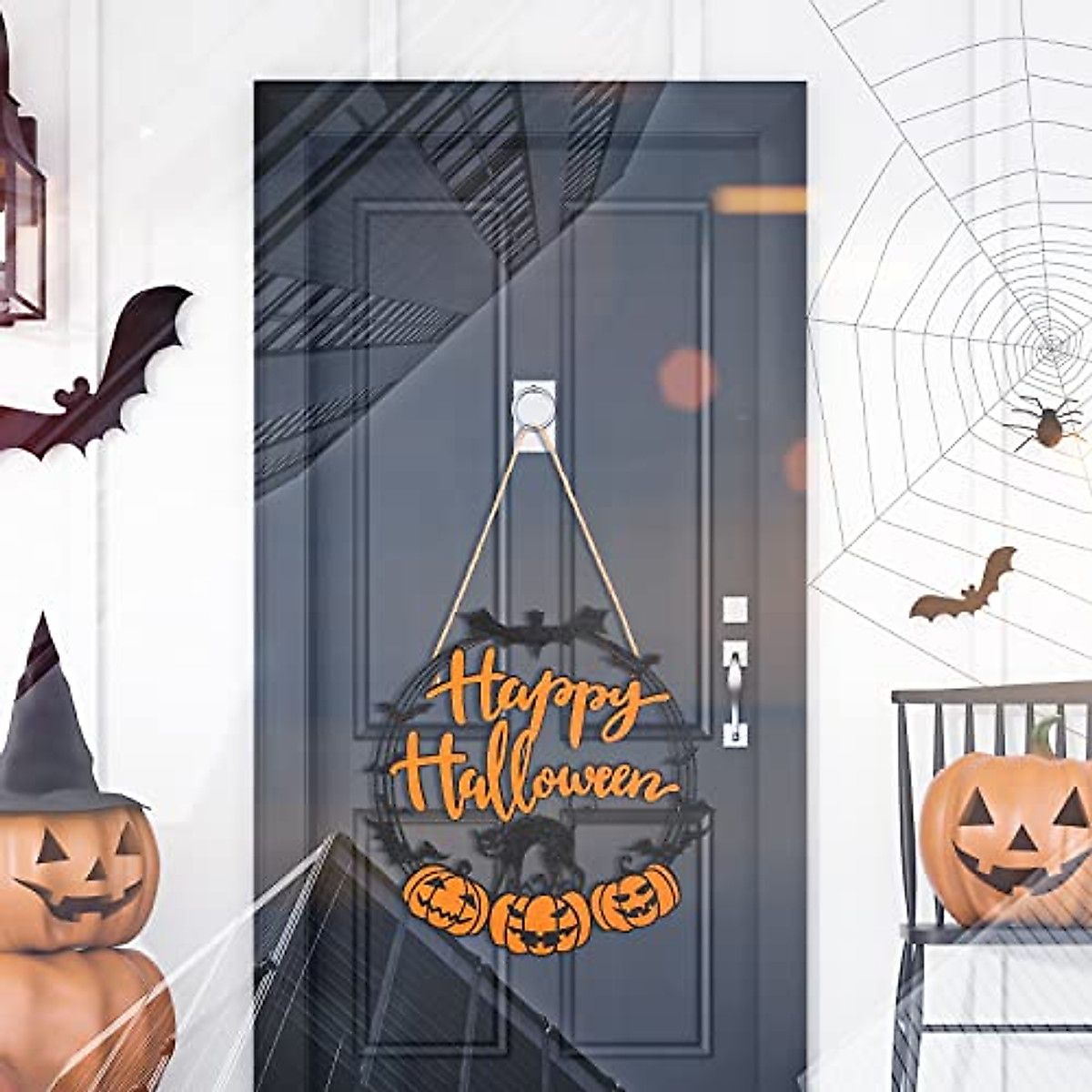 Bucherry Black Cat Pumpkin Hanging Sign Happy Halloween Front Door Welcome Sign Wall Decor Wall Plaque for Halloween Party