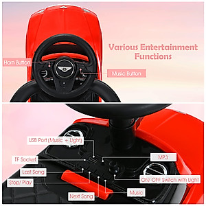 Costzon Push Cars for Toddlers, 3 in 1 Bentley Stroller Sliding Walking Car w/Canopy, Handle, Safety Bar, Cup Holder, Music, Underneath Storage, Foot-to-Floor Ride On Toy for Boys & Girls, Red