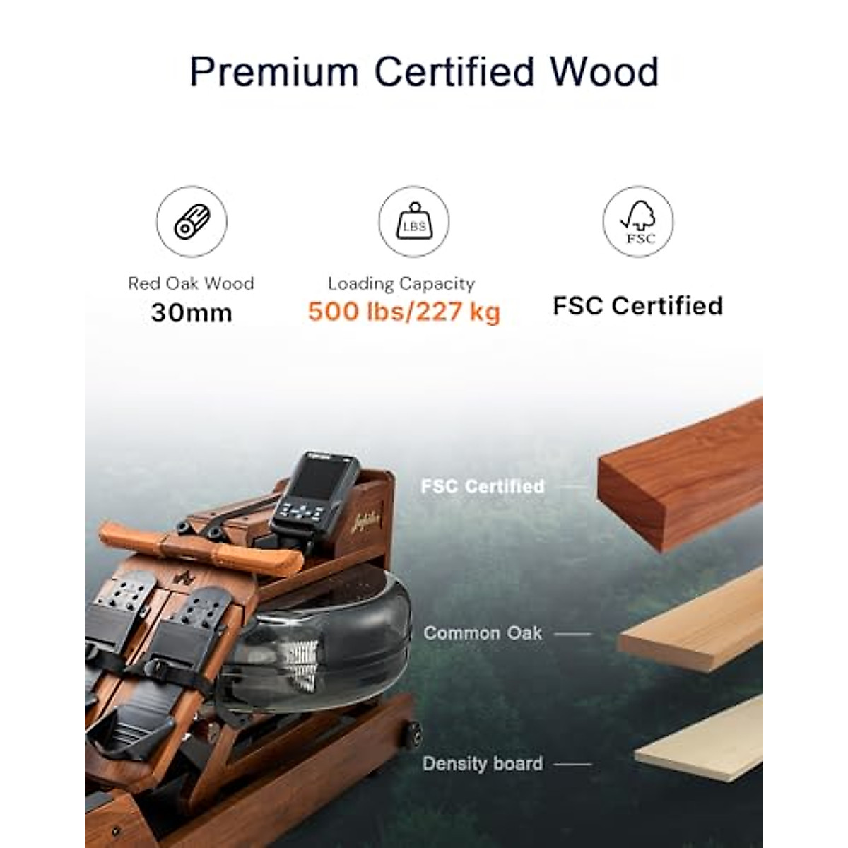 TOPIOM Water Rowing Machine for Home Use, Solid Wood Rower Machine with Upgraded Handle and Adjustable Footpad, TM3 Dedicated Monitor & Bluetooth Connection (Natural Adjust Footpad)
