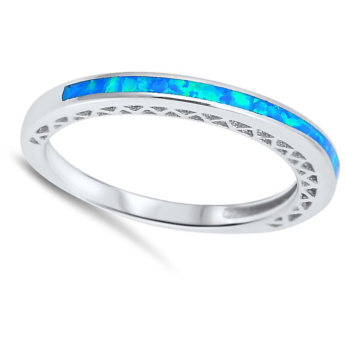 Blue Simulated Opal Fashion Thin Wedding Ring New .925 Sterling Silver Band Size 11