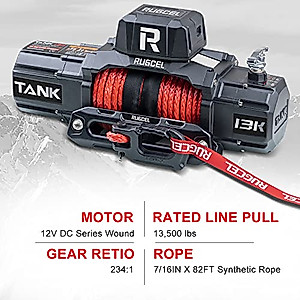 RUGCEL 13500lb Waterproof Electric Red Synthetic Rope Winch with Hawse Fairlead, Wired Handle and 2 Wireless Remote (TANK13500 RED)