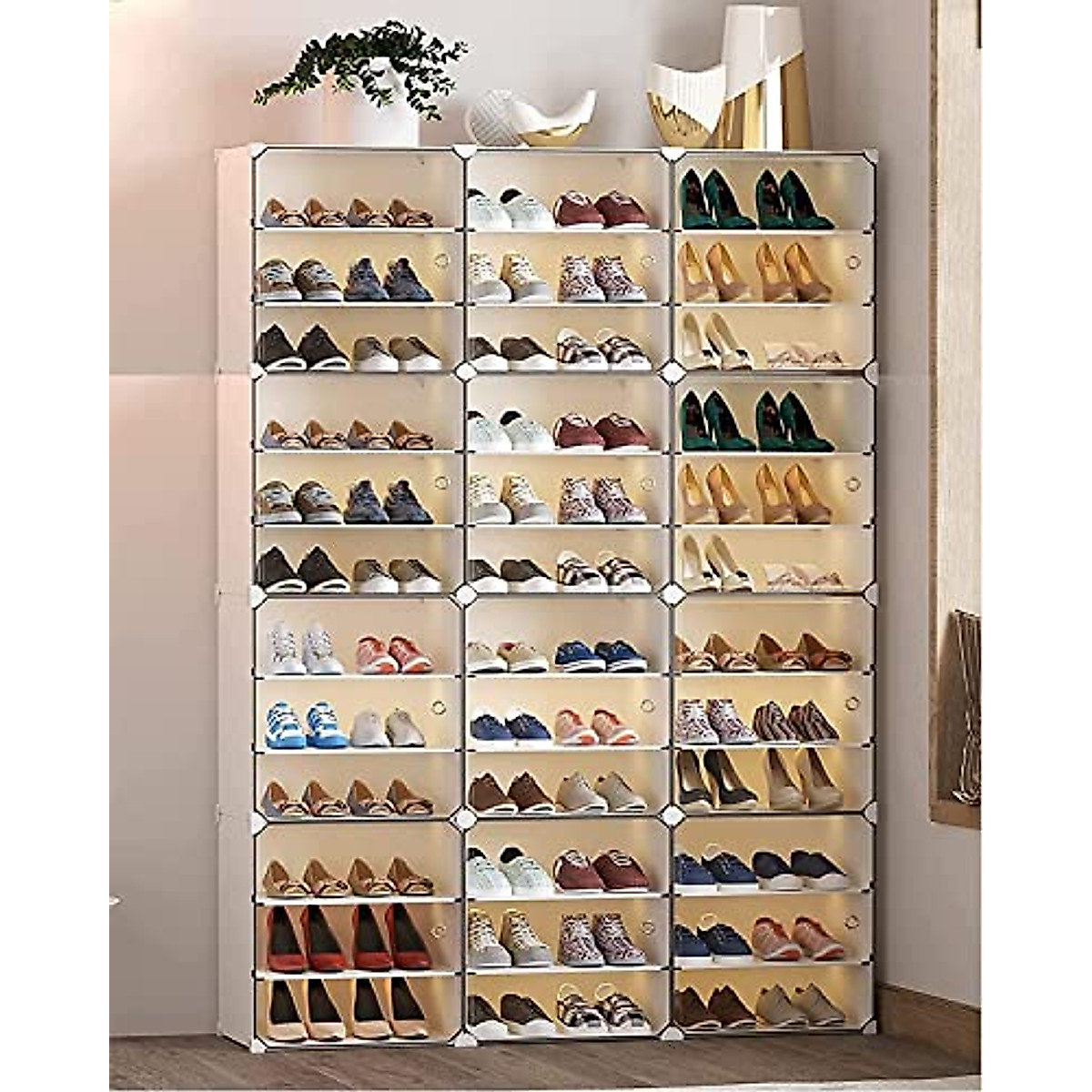 Portable Shoe Rack Organizer 12 Tier DIY Shoe Cabinet, 72 Pair White Plastic Stackable Closet Shoe Box Storage Cabinet for Entryway, Bedroom and Hallway Shoe Cabinet w/Doors