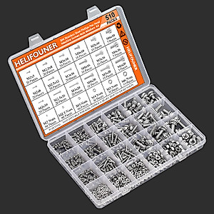 HELIFOUNER 510 Pieces Phillips Pan Head Machine Screws Nuts Washers Assortment Kit, Stainless Steel 304, Full Thread (M2 M2.5 M3 M4 M5 M6)