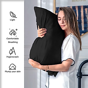 Natural Mulberry Silk Pillowcase with Hidden Zipper for Hair and Skin Standard Size 20"X 26" Soft Breathable Smooth Cooling Pillow Covers for Sleeping(Black,1Pcs)