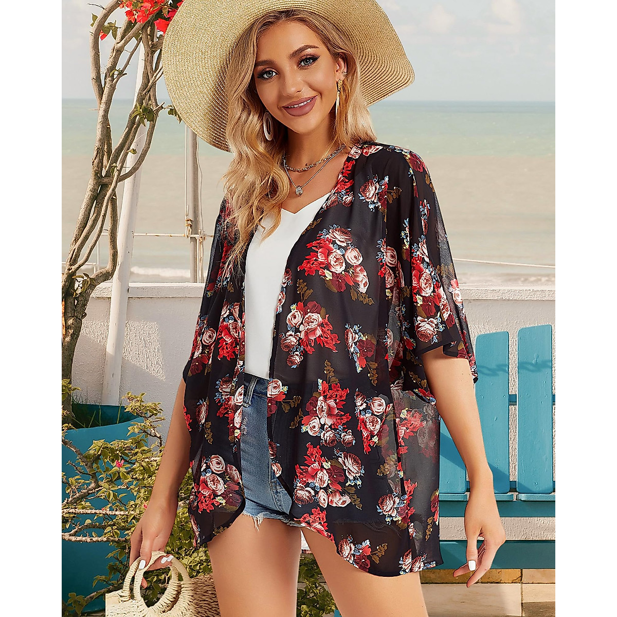 Women's Floral Print Puff Sleeve Kimono Cardigan Loose Cover Up Casual Blouse Tops(BLACK S)