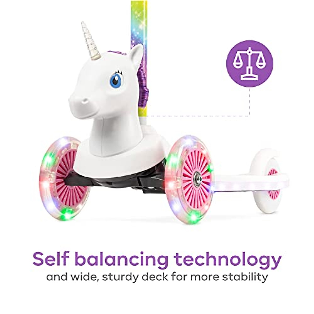 Dimensions Unicorn Kick Scooter for Kids, Self-Balancing 3 Wheeled Light Up Scooter with Extra Wide Anti-Slip Deck, Rear Brake, Lean to Steer, Lightweight Design, for Kids 3 and up, 75 LB Limit