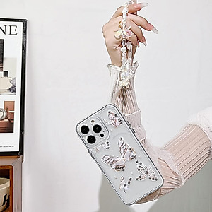 Casechics Compatible with iPhone Case,Luxury Crystal Clear Cute Bling Butterfly Wristband Strap Bracelet Chain Transparent Soft Shockproof Cover Phone Case (White,iPhone 15 Plus)