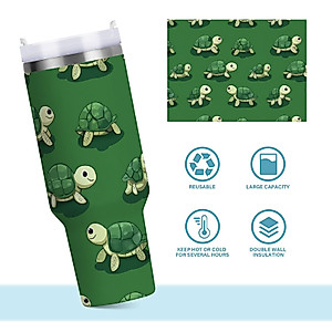 ALAZA Cute Cartoon Turtles 40 oz Tumbler Water Bottle with Straw Lid and Handle,Reusable Insulated Stainless Steel Cup for Women Men Travel Car Cup Holder