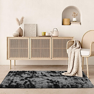 TENNOLA 2x6 Feet Black Rugs for Bedroom Fluffy Runner Area Rug for Living Room Gray Bedroom Rug Soft Fuzzy Shaggy Carpet for Kids Room Dorm Nursery with Non-Slip Bottom
