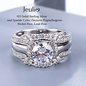 Jeulia 3PC Ladies Classic Round Cut Sterling Silver Rings Set Engagement Anniversary Wedding Band Ring Set With Jewelry Gift Box for Women (5.5)