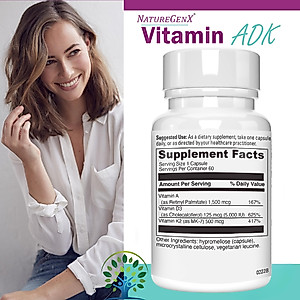 NatureGenX ADK Vitamin Supplement - Enhanced Bone Health with High Potency Vitamins A, D3, K2, Gluten-Free, 60 Capsules (Pack of 2)