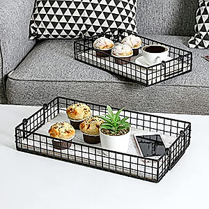 MyGift Black Metal Wire and Whitewashed Wood Decorative Tray with Handles, Nesting Storage Organizer Basket Trays, Set of 2