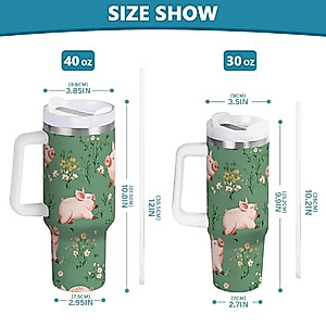 Wusikd Cute Pink Pig Tumbler Handle Lid and Straw Flowers Water Bottle Stainless Steel Coffee Travel Tumbler Mug Cup Gifts for Men Women 40oz