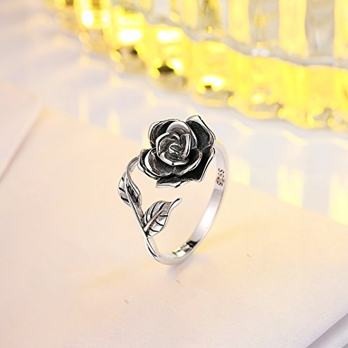 Alphm S925 Sterling Silver Rose Flower Ring Adjustable Wrap Open Jewelry for Women Friend Mom Bride Girlfriend Sisters Teen