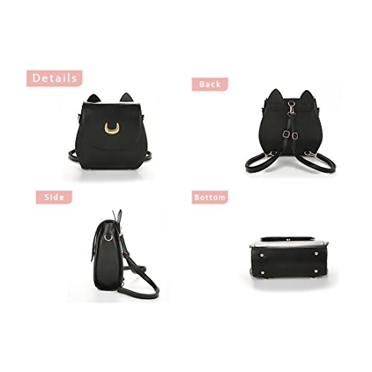 JHVYF Moon Luna Backpack Cute Kitty Cat Shoulder Bag PU Leather Backpack School Bag Black 3034