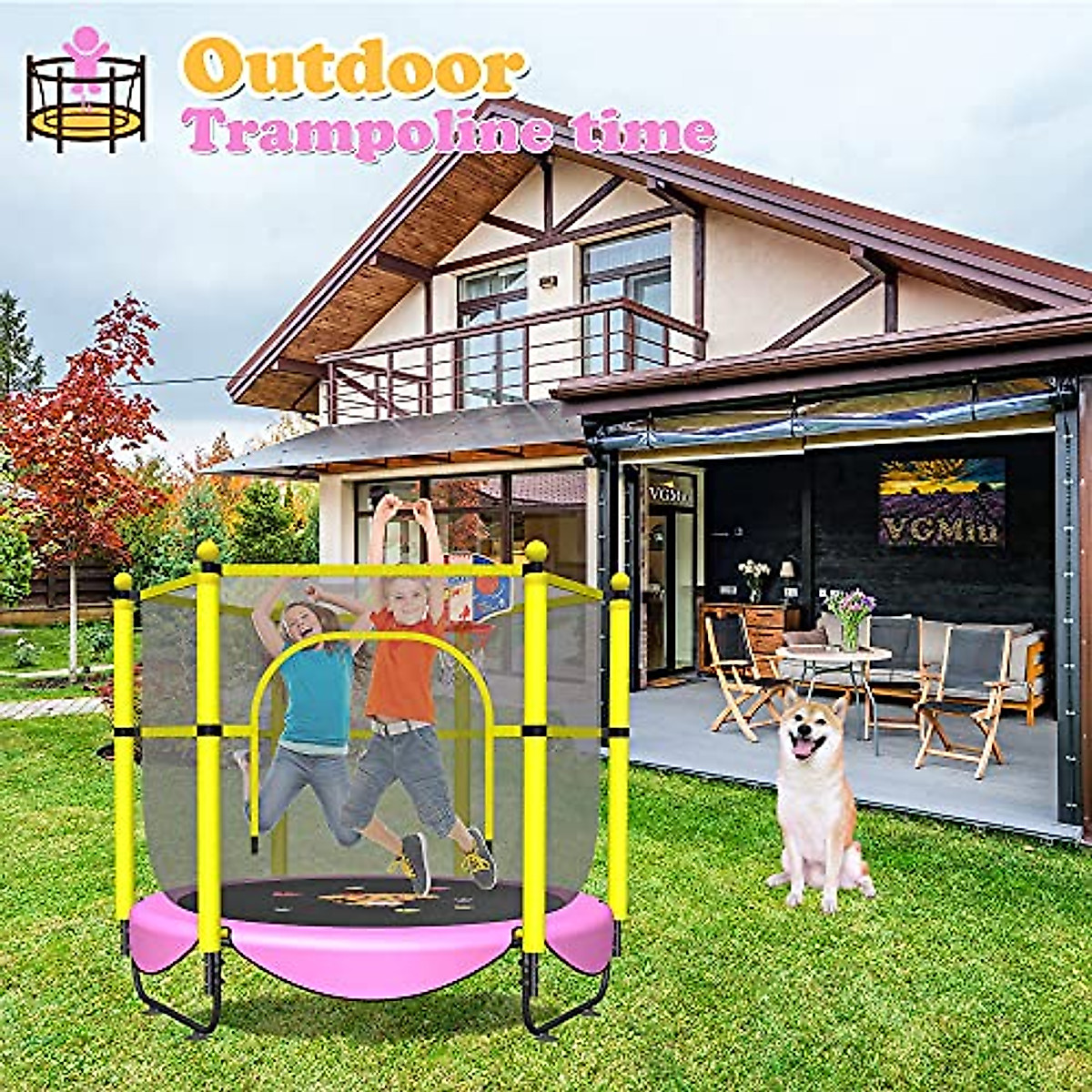 60" Trampoline for Kids, 5 FT Toddler Baby Trampoline with Safety Enclosure Net, Indoor or Outdoor Pink Small Recreational Trampolines with Basketball Hoop, Birthday Gifts for Kids, Gifts for Girl