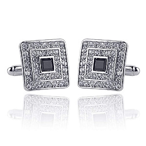 V & L Black Silver Crystal Cuff links – Fancy Unique Elegant Sparkling Luxury Gem Stone Cufflinks for men in Square - Perfect for Wedding, Formal, Suits, Business and Groom Cufflink