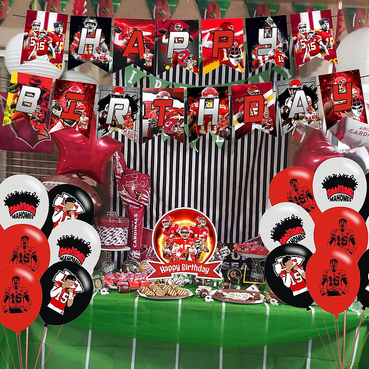 Patrick Mahomes Party Decorations,Football Birthday Party Supplies Includes Banner - Cake Topper - 12 Cupcake Toppers - 18 Balloons