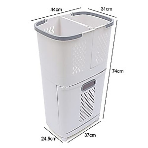 Movable Household Double Laundry Basket Bathroom Clothes Storage Basket with Wheels and Handles Washing Cloths Storage Hamper for Bedroom, Laundry Room, Bathroom