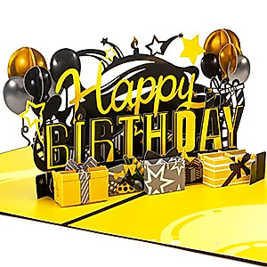 Ribbli Pop Up Birthday Card, Happy Birthday Card, 3D Black and Gold Birthday Card, with Envelope