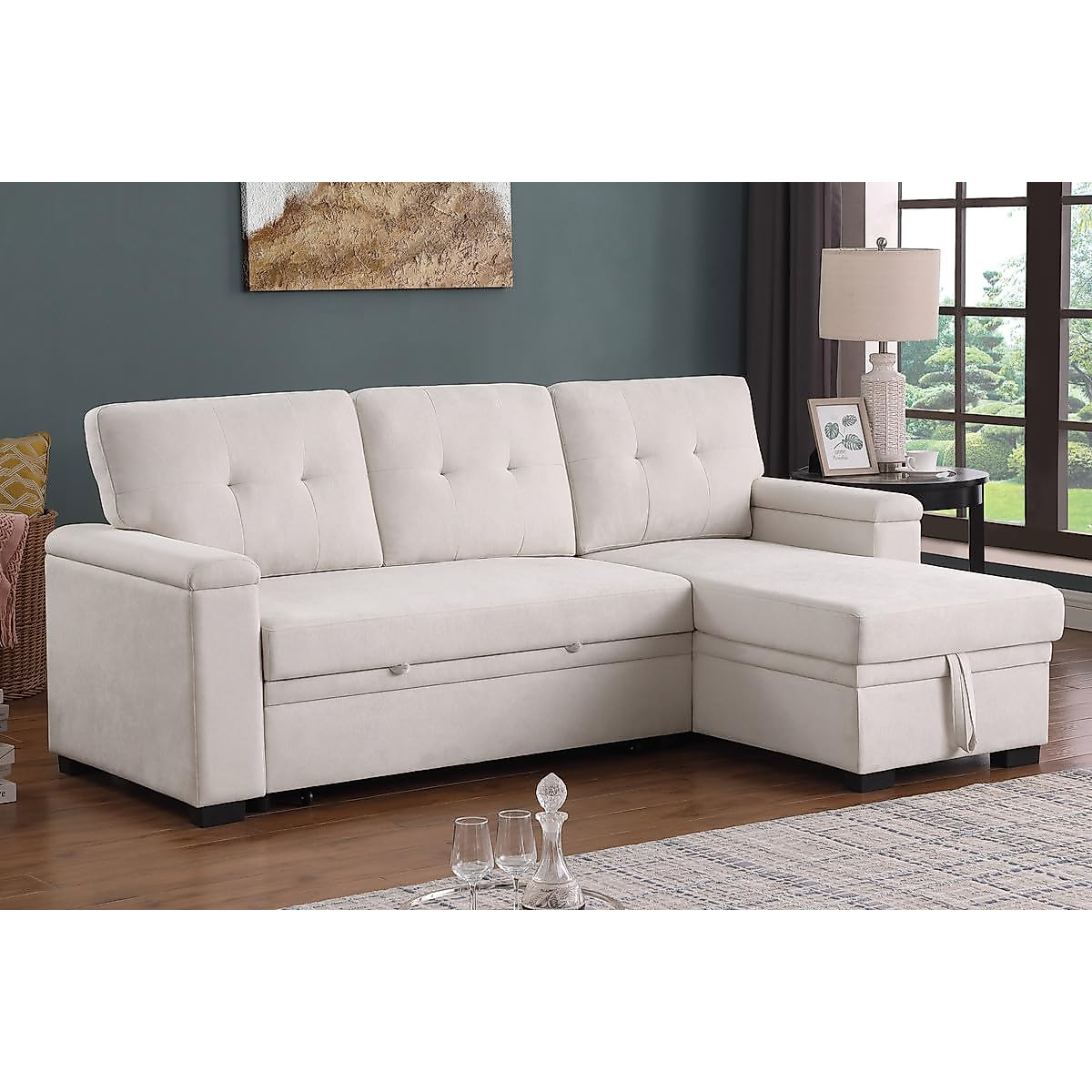 Lilola Home Lucca II 84.5" W Beige Woven Fabric Reversible Sleeper Sectional Sofa with Storage Chaise and Pocket Coil Seating