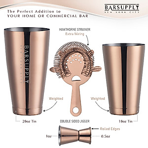 Professional Boston Cocktail Shaker Set | 4-Piece Bar Set | Stainless Steel 304 | 28oz/18oz Weighted Shaker Tins | Hawthorne Strainer | Double Sided Jigger | Recipe Booklet | Bartender Kit (Copper)