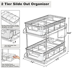 2 Tier Bathroom Organizer with Dividers,1 Set Clear Under Sink Organizers Storage Slide Out Bathroom Vanity Counter Storage Container with 4 Cups for Kitchen Pantry Cabinet Closet, Medicine Organizer