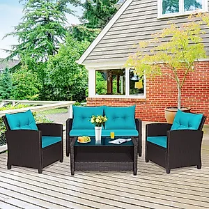 HAPPYGRILL 4 Pieces Patio Furniture Set Outdoor PE Rattan Conversation Set with 2-Tier Coffee Table, Extra Storage Shelf and Cushions, Patio PE Wicker Sofa Set for Garden Backyard Poolside