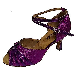 Womens Latin Salsa Dance Shoe Customized Heel Glitter Open Toe Ballroom Party Indoor Dancing Sandals More Colors (Purple, Numeric_8_Point_5)