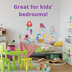 Mermaid Wall Decals Girls Bedroom and Bathroom Decor, 50 Peel and Stick Multicultural Mermaid Stickers for Girls, Includes 4 Sheets 11x11 inches Each Fun Reusable Decals