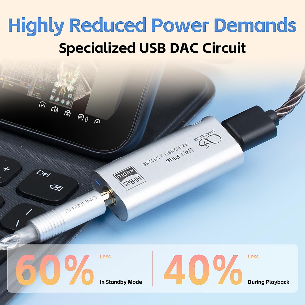 SHANLING UA1 Plus Headphone Amplifier, Portable USB DAC/AMP,Dual 43131 DAC,CT701 USB Receive Chip,Support Up to 768kHZ/32bit,DSD256,80mW@32Ω Output,Android app Control (Black)