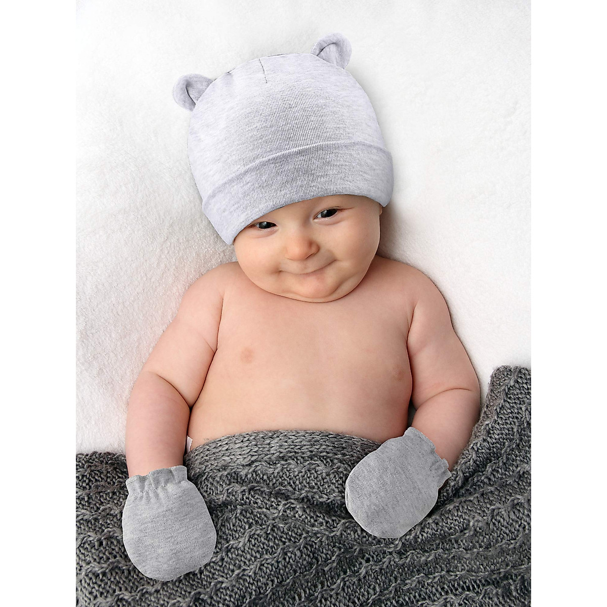 Baby Hats Mittens and Socks Set Include 5 Pieces Newborn Beanie Caps with Cute Bear Ears 10 Pieces No Scratch Mittens and 10 Pieces Non-Slip Baby Socks for 0-6 Months Baby Boys and Girls