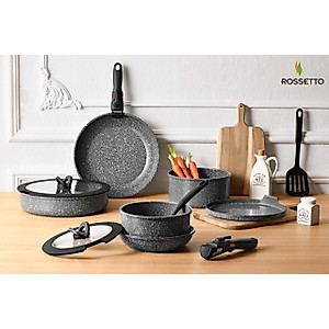 ROSSETTO 16pcs Pots and Pans Set Non Stick from France, Ceramic Cookware Set with Removable Handle, Induction RV Kitchen Cookware Set, Stackable, PFOA and PFAS Free, Oven Safe, Black Granite