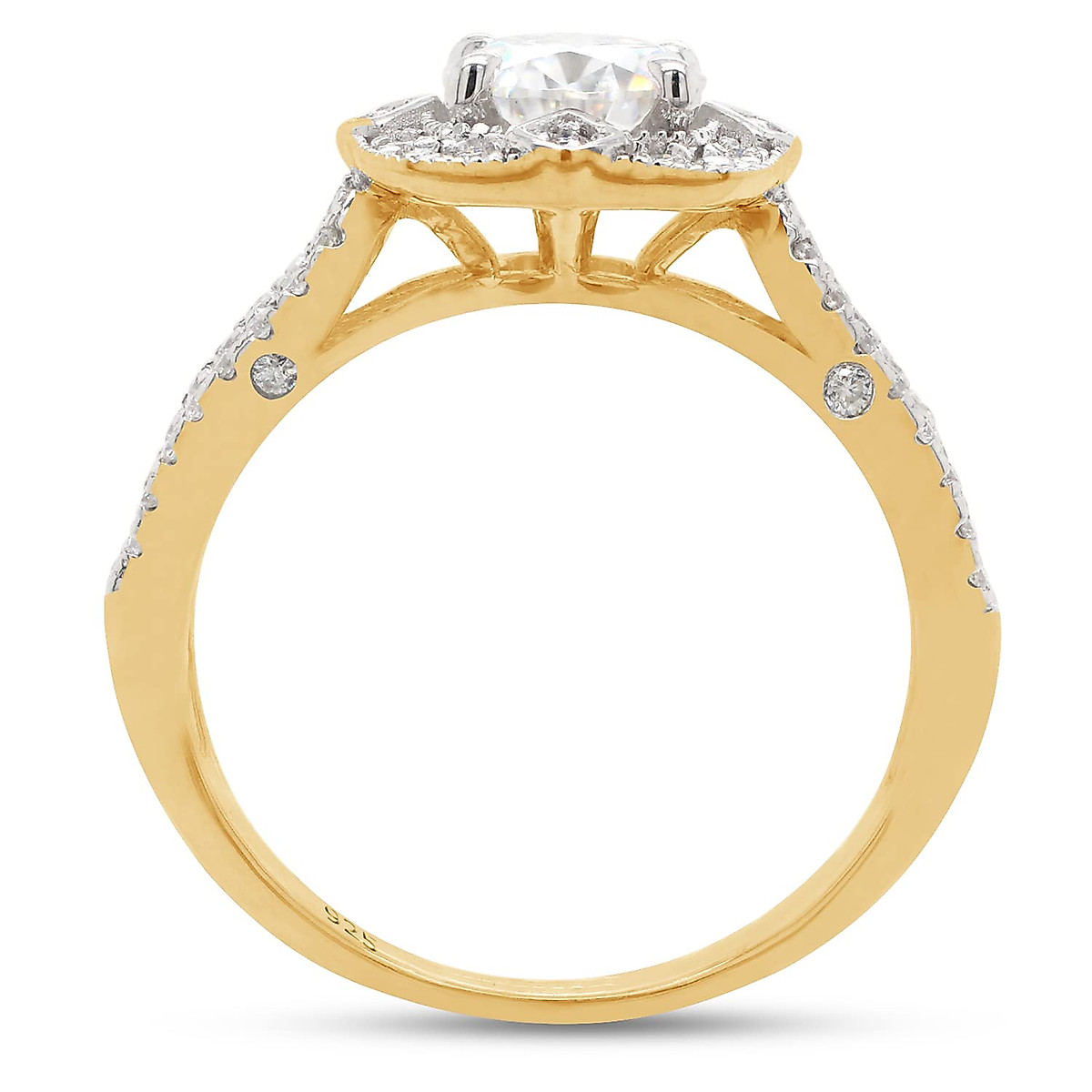 SAVEARTH DIAMONDS 0.90 Cttw Round Lab Created Moissanite Diamond Split Shank Halo Engagement Ring In 14k Yellow Gold Over Sterling Silver 1 1/2 Cttw, Size 10