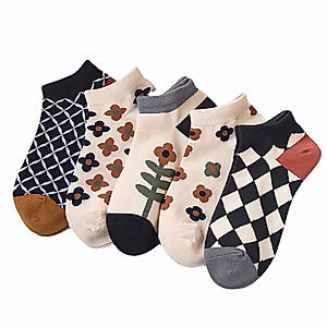 5 Pairs Womens Vintage Crew Socks Floral Plaid Cute Low Cut Socks Flower Patterned Short Socks Fairycore Casual Socks