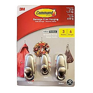 Indoor Outdoor Brushed Nickel Metal Hooks 3 Hooks 6 Strips 1 Small 2 Medium