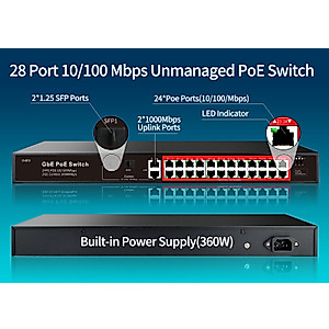 STEAMEMO 28 Port PoE Switch, 24 PoE+ Port@ 360W, 2 Gigabit Uplink, 2*1G SFP, 802.3af/at, Metal Casing 19-inch Rackmount, Overload Protection w/ Port, Unmanaged Plug and Play