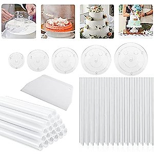 QCYOHO 41Pcs Plastic Cake Dowel Rods Set, 20 Pcs White Cake Support Rods, 5 Pcs Cake Separator Plates for 4, 6, 8, 10, 12 Inch Cakes, 15 Pcs Clear Cake Stacking Dowels for Tiered Cakes