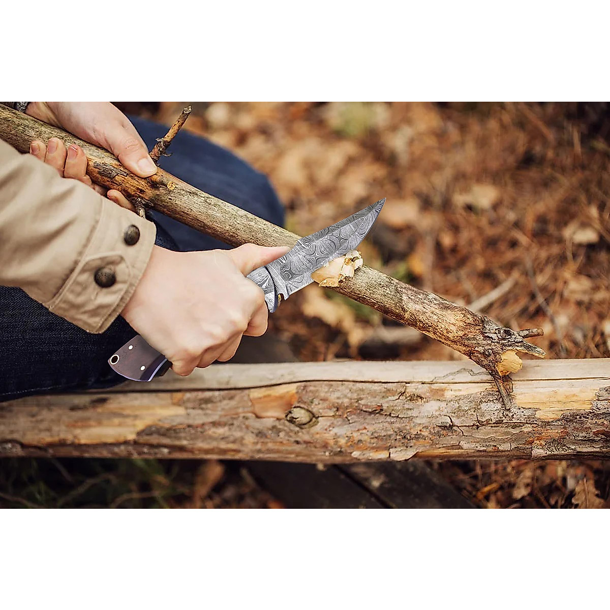 Damascus Steel Hunting Knife Fixed blade knife Damascus Bolster Walnut Wood Handle Mosaic Pin, Bush craft, Outdoor Camping, with Cowhide Leather Sheath – BW-4144