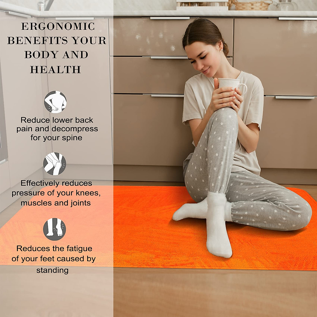 RYANZA 2 Pieces Kitchen Rugs, Abstract Anti Fatigue Non Slip Foam Cushioned Orange Tangerine Graffiti Art Comfort Indoor Floor Mat Runner Rug Set for Laundry Office Sink Bathroom (17"x48"+17"x24")