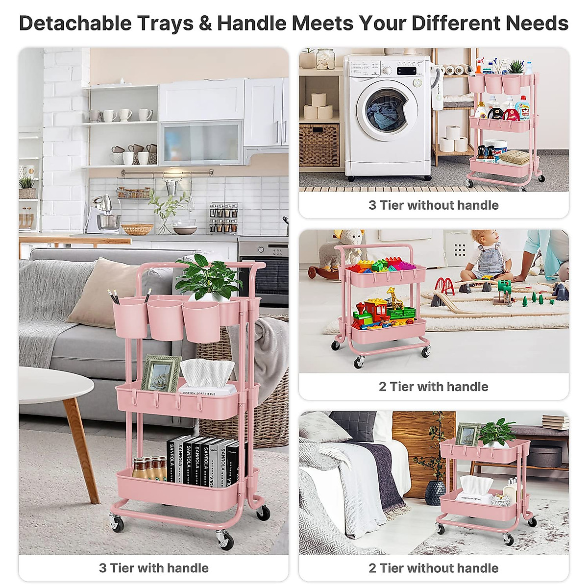 E&D FURNITURE 3 Tier Rolling Storage Cart with Wheels, Utility Art Craft Supply Cart Organizer on Wheels, Multipurpose Adjustable Makeup Cart Hair Salon Trolley with Handle & Hanging Cups Pink