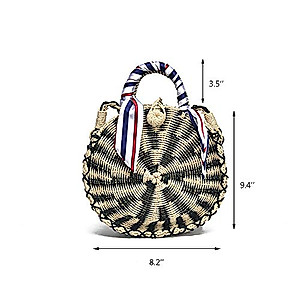QTKJ Women Straw Summer Beach Tote Bag Hand-woven Round Rattan Bag Cross Body Bag Shoulder Messenger Satchel (Black&Beige)