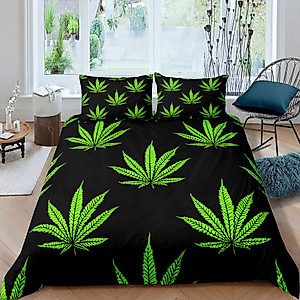 Erosebridal Marijuana Weed Leaves Bedding Set, Adult Cannabis Leaves Comforter Cover, Exotic Leaves Rustic Duvet Cover Twin Size, Soft Microfiber Bedspread Cover with Zipper Closure, Green Black