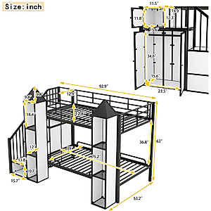 YOPTO Twin Castle-Shaped Wardrobe and Multiple, Metal Bunk Bed with Storage Staircase and Safety Guardrail for Kids Boys Girls Bedroom, 63" H x 92.9" L x 53.2" W, White+Black