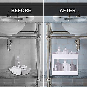 Under Sink Organizers and Storage,Under The Bathroom Sink Storage,2 Tier Under Sink Shelf with 4 Hooks,Bathroom and Kitchen Countertop Standing Rack,Under Sink Organizer for Bathroom Kitchen,White