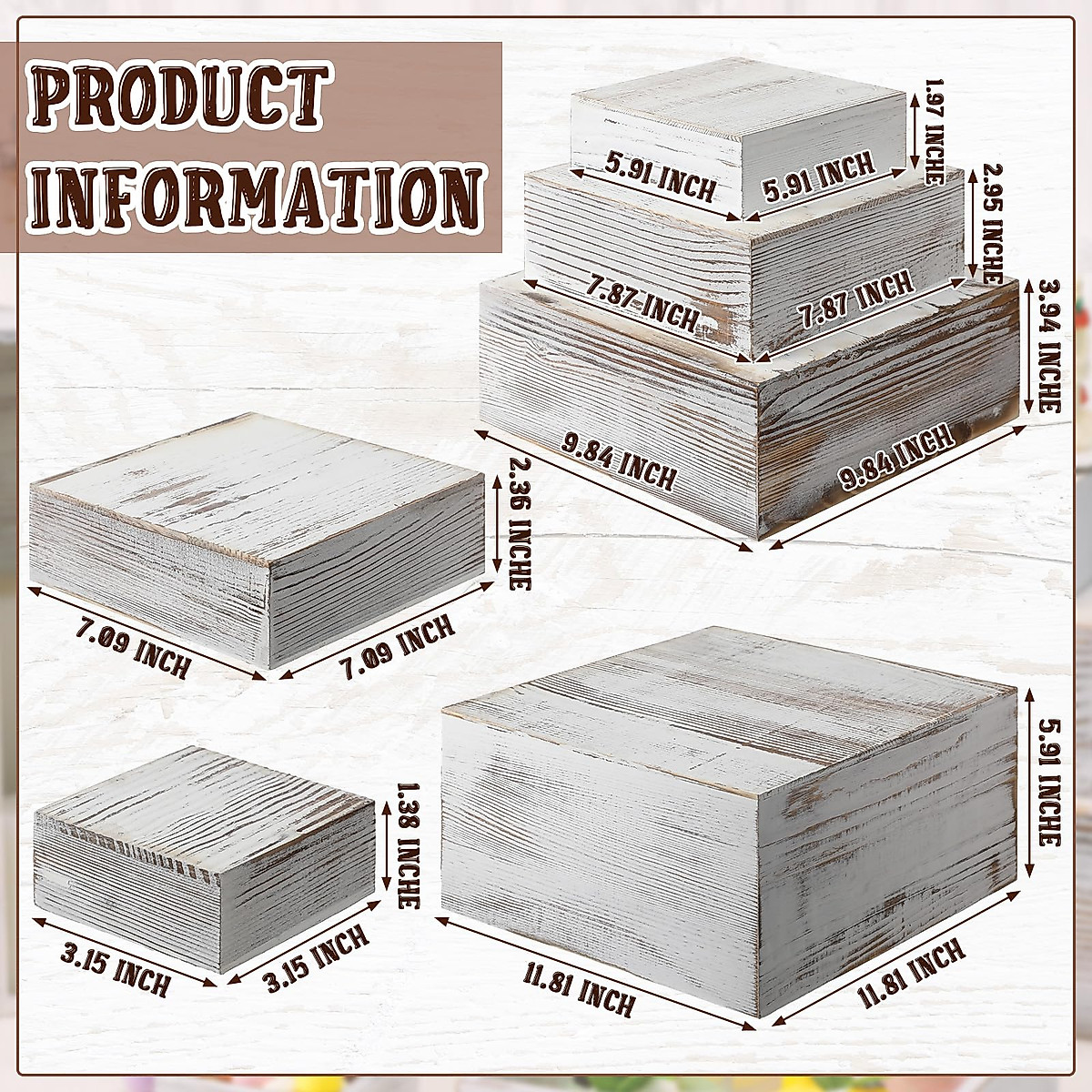 Roowest 6 Pcs Wood Cupcake Display Stand Whitewashed Decorative Dessert Wood Cake Stand Risers Wooden Rustic Square Stackable Decorative Box Risers for Wedding Birthday Christmas Party