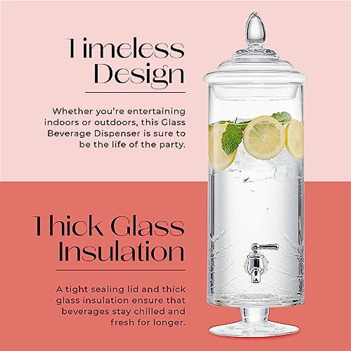 Fifth Avenue Crystal Beverage Dispenser for Countertop - 1 Gallon Large Glass Drink Dispenser w/Spigot & Lid - Party Drink Dispenser for Sweet Tea Lemonade Punch Water, Juice Dispensers for Parties